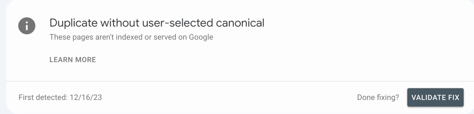 Fixing "Duplicate, Without User-Selected Canonical" in Google Search Console