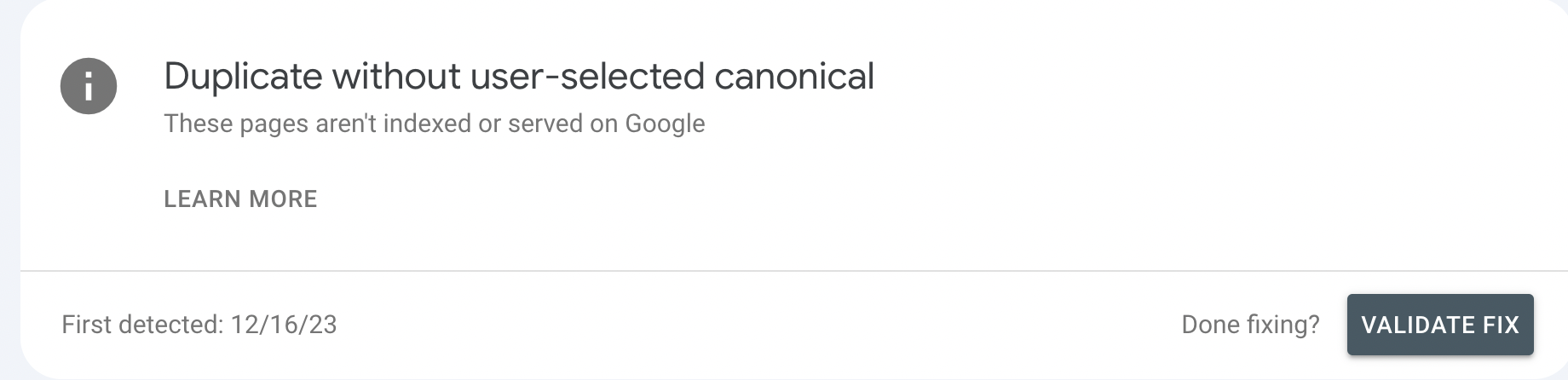 Fixing "Duplicate, Without User-Selected Canonical" in Google Search Console